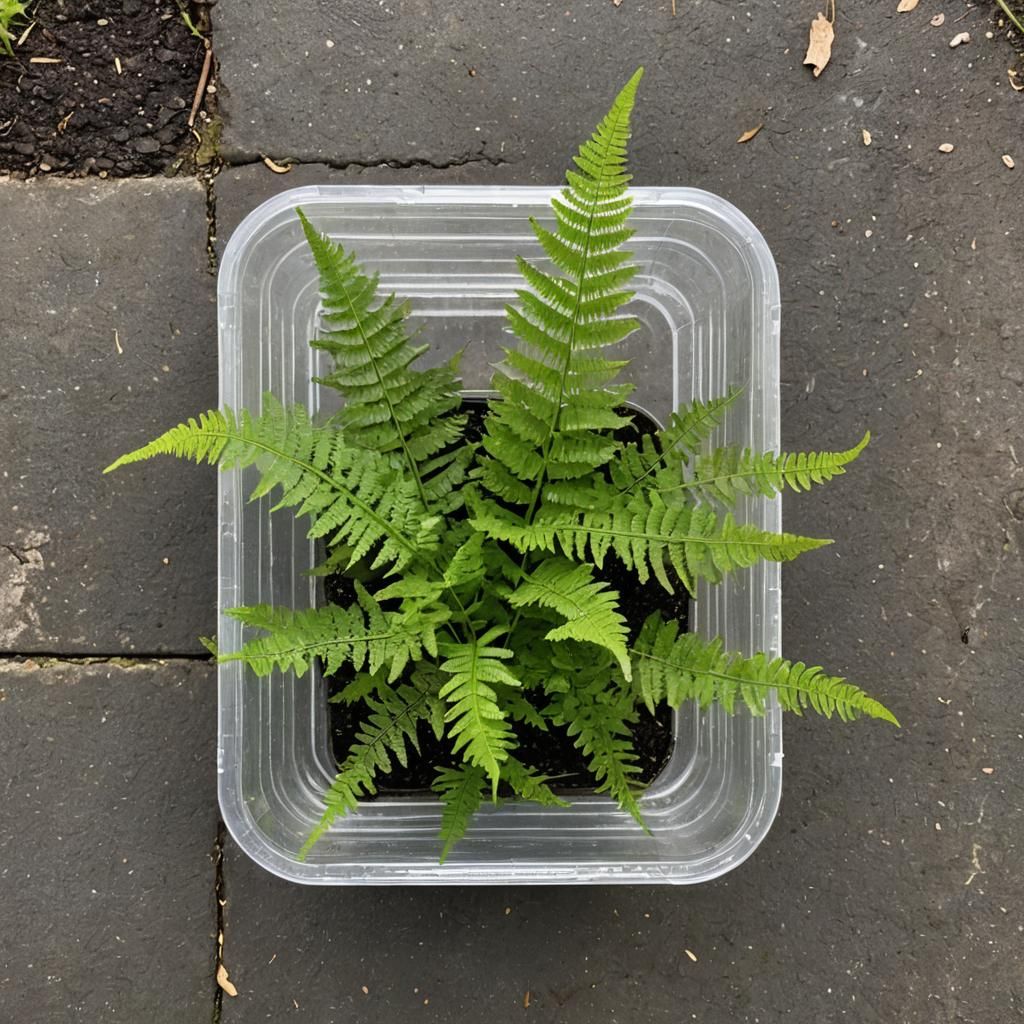 A fern planted into a semi-transparent plastic ridged storage container ...