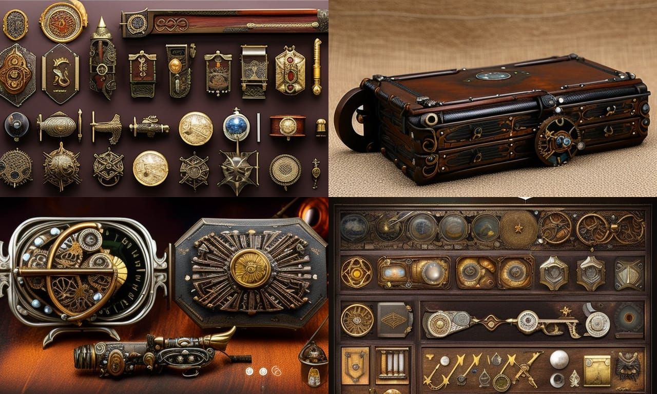 A collection of small, intricate, detailed, complex, whimsical fantasy ...