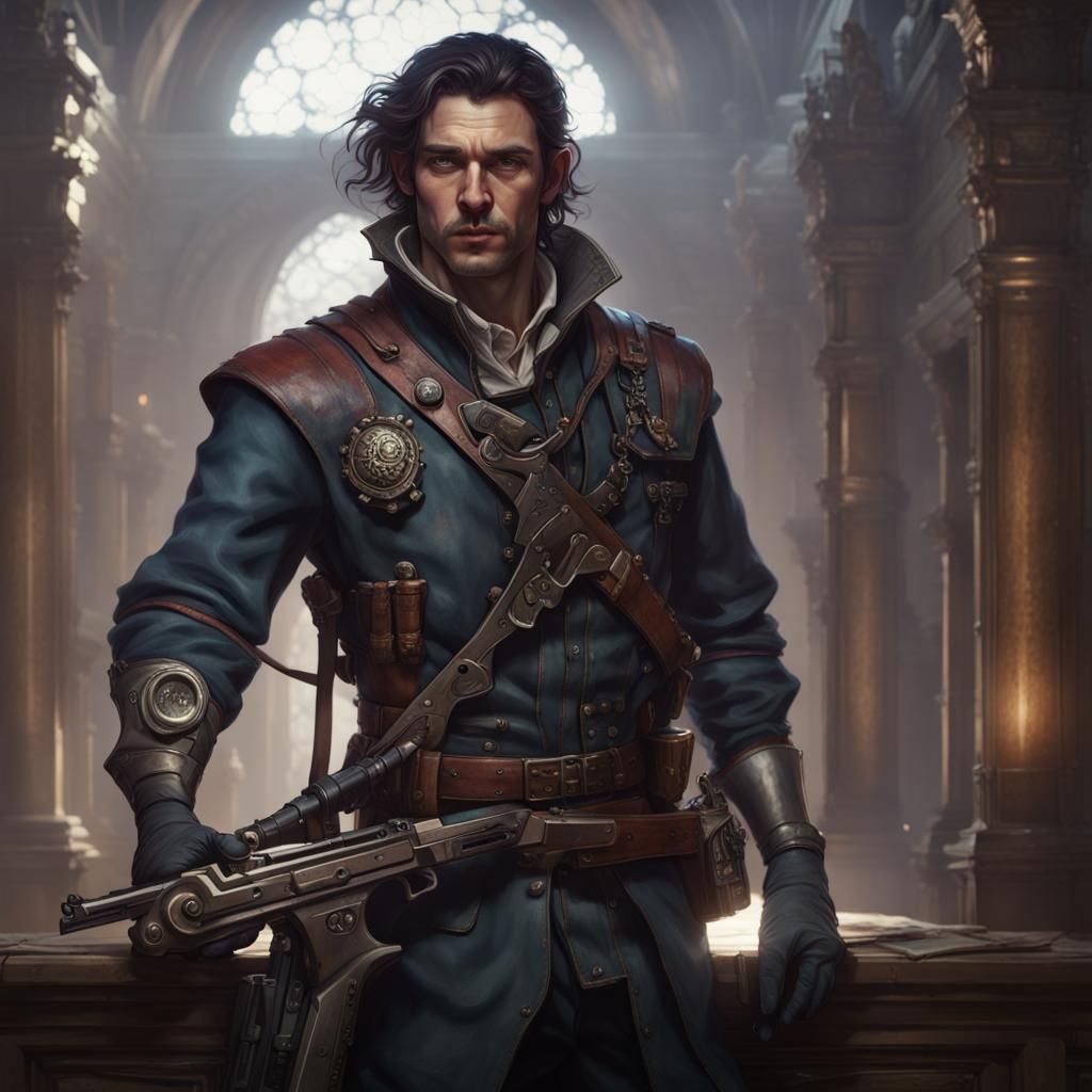 A gaunt male artificer in their 20s with dark hair and dark sunken eyes ...