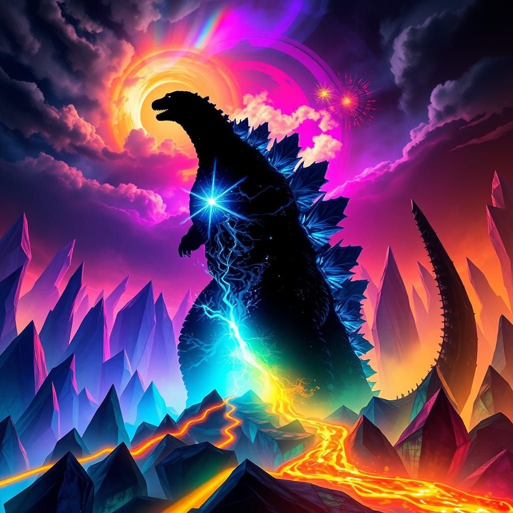 Godzilla in Cyberpunk Chiaroscuro, Swirling Irides... - AI Art