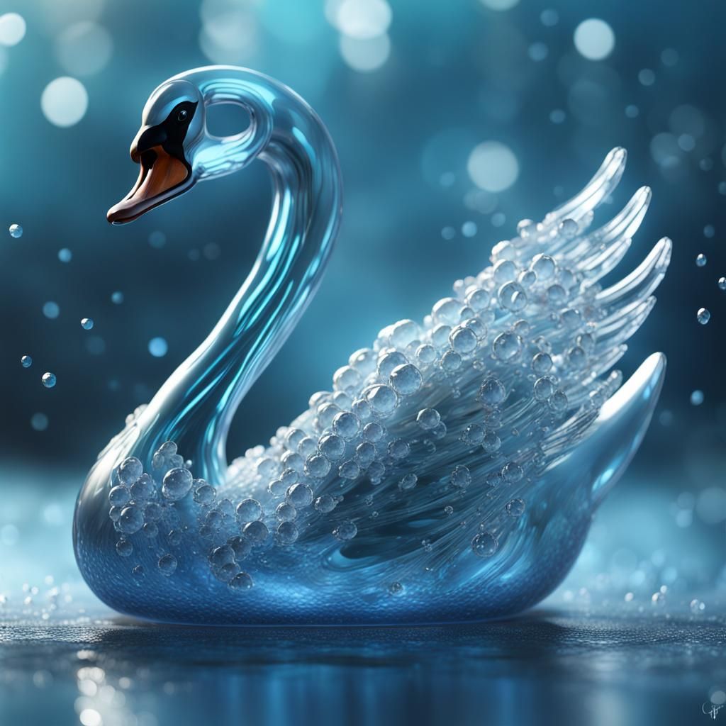 illustrate An intricate realistic swan made of glass with crystalline ...