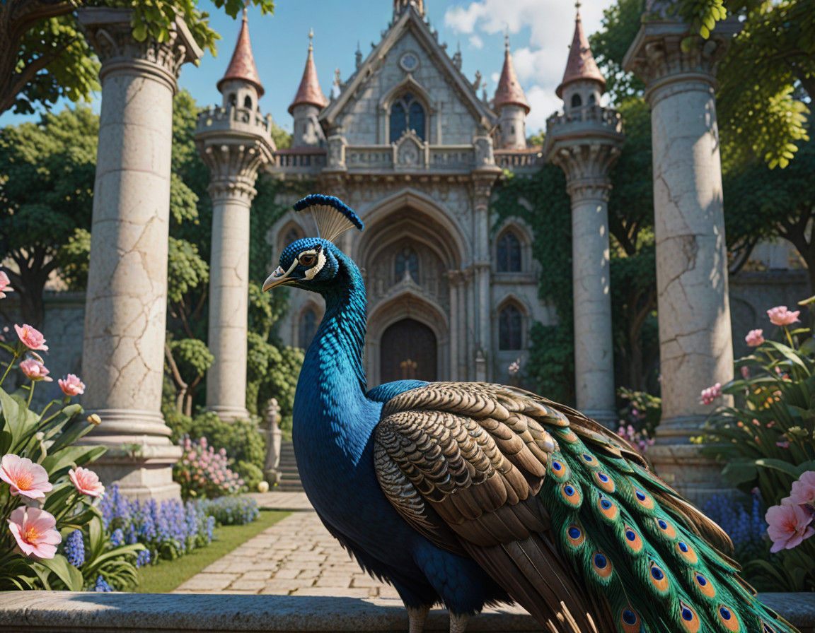 Peacocks - Epic White Marble Castle in Vibrant Fantasy Lands...