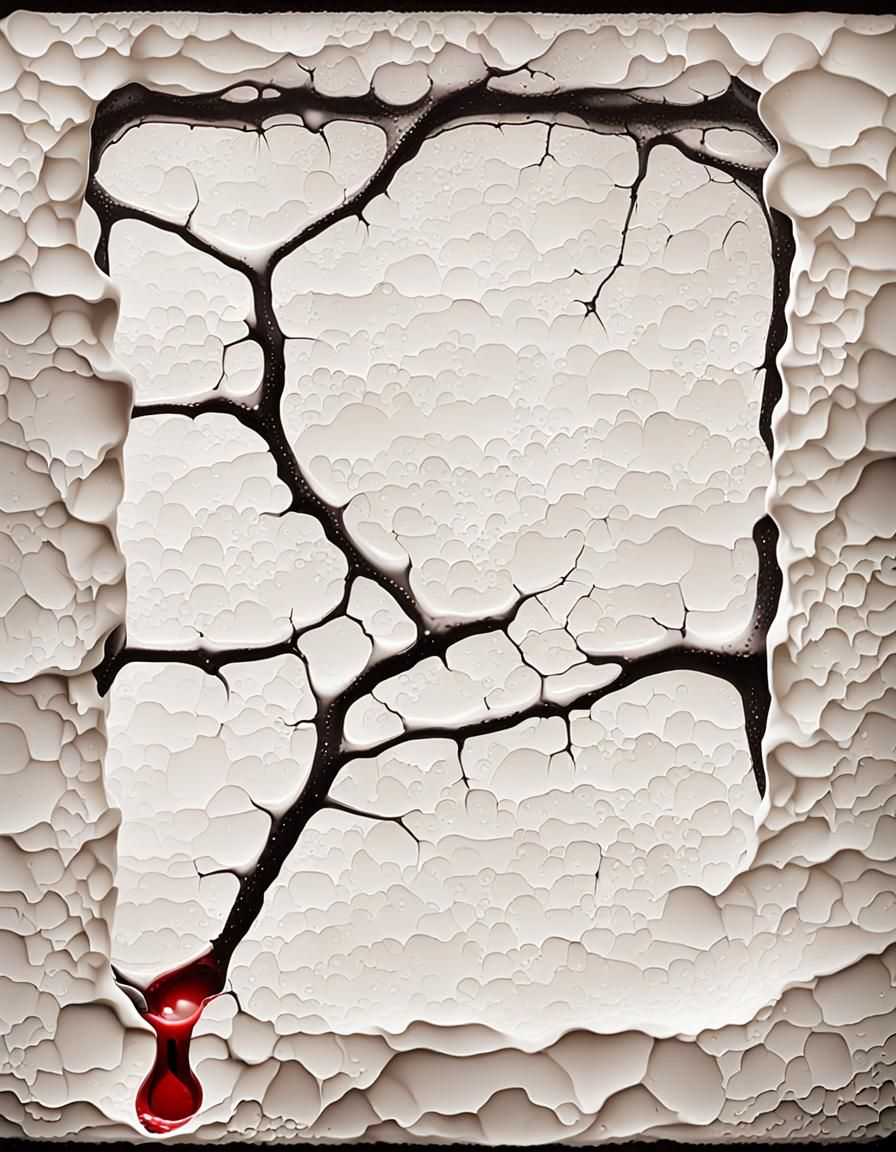 A cracked white surface bleeding a droplet of human blood - AI ...