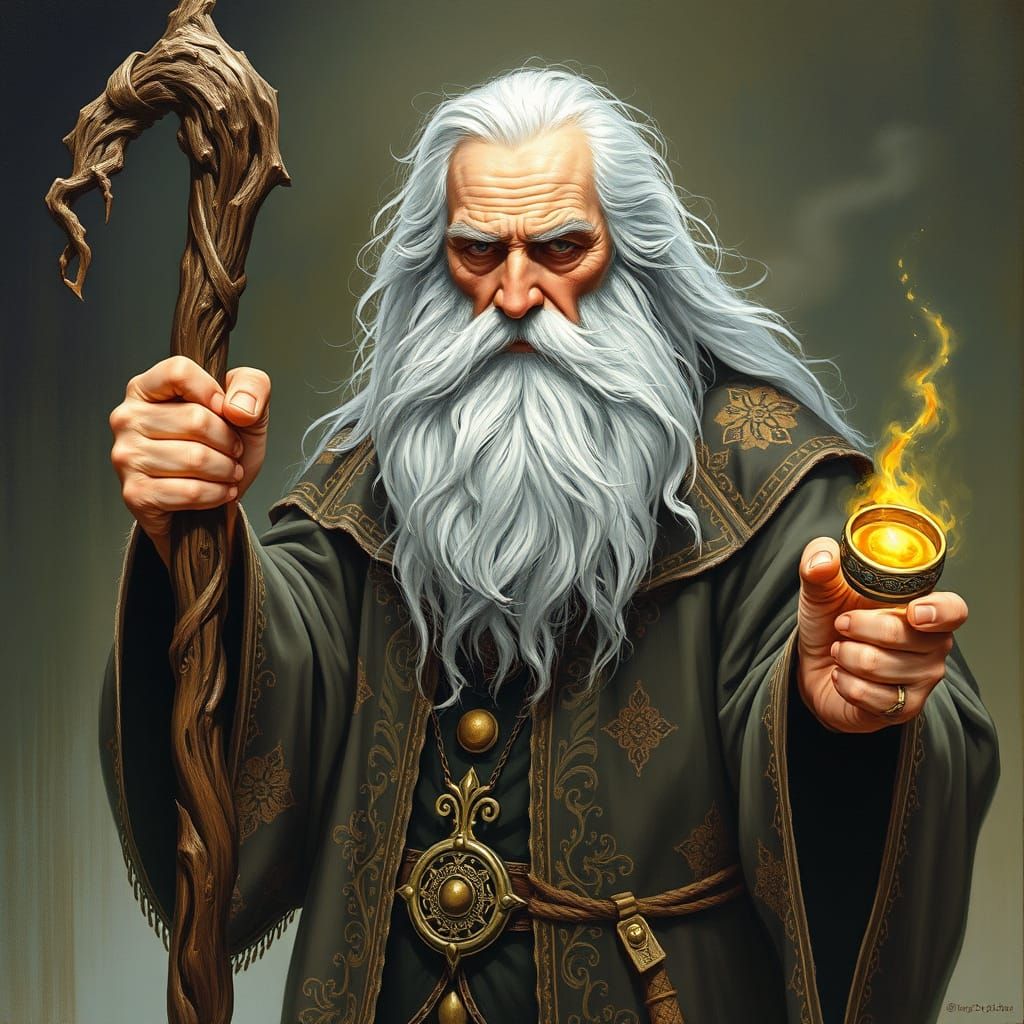 Elderly Wizard with Staff in Fantasy Art Style - AI Art