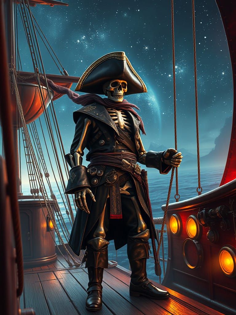 Sailing ever on - Cyberpunk Skeleton Pirate Captain At Seafa...