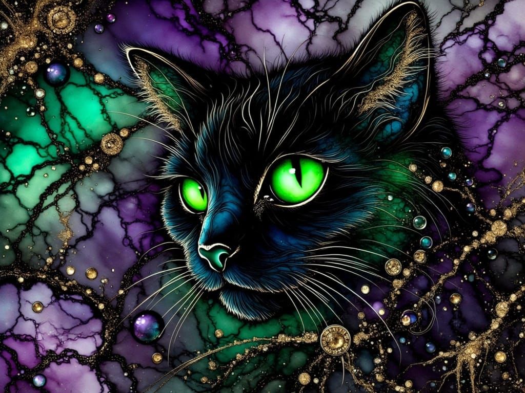 Goth Cat #7 - Mystical Goth Cat in Dark, Lavish Marble Surro...