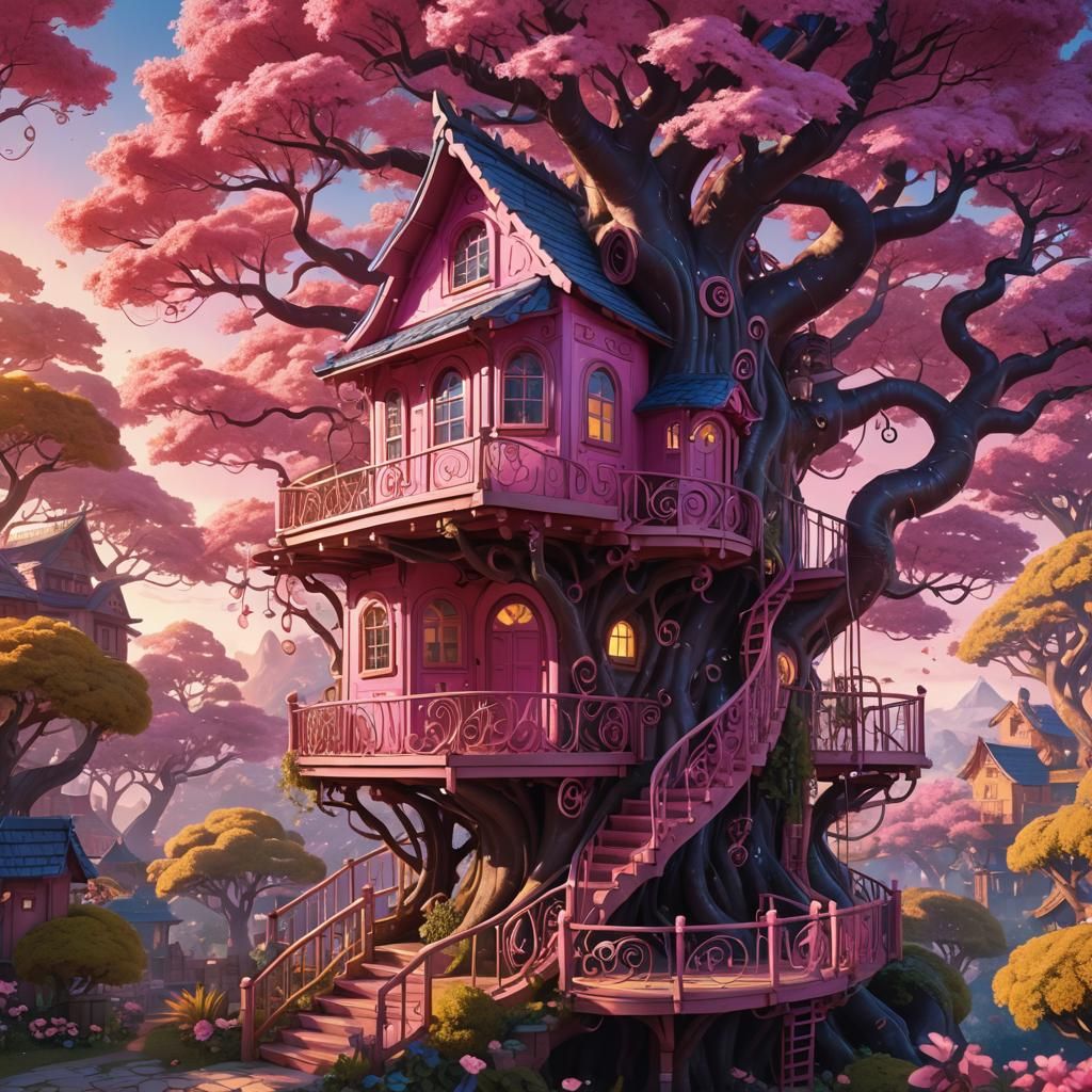 A whimsical shiny bright pink tree house drawn with spirals and swirls ...