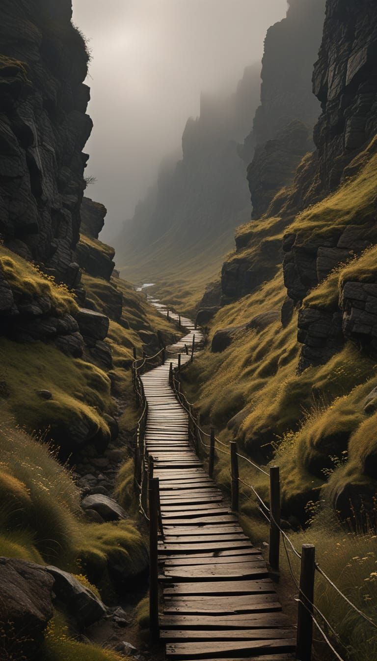 Weathered Mountain Path Edges Precipitous Cliff Fa... - AI Art