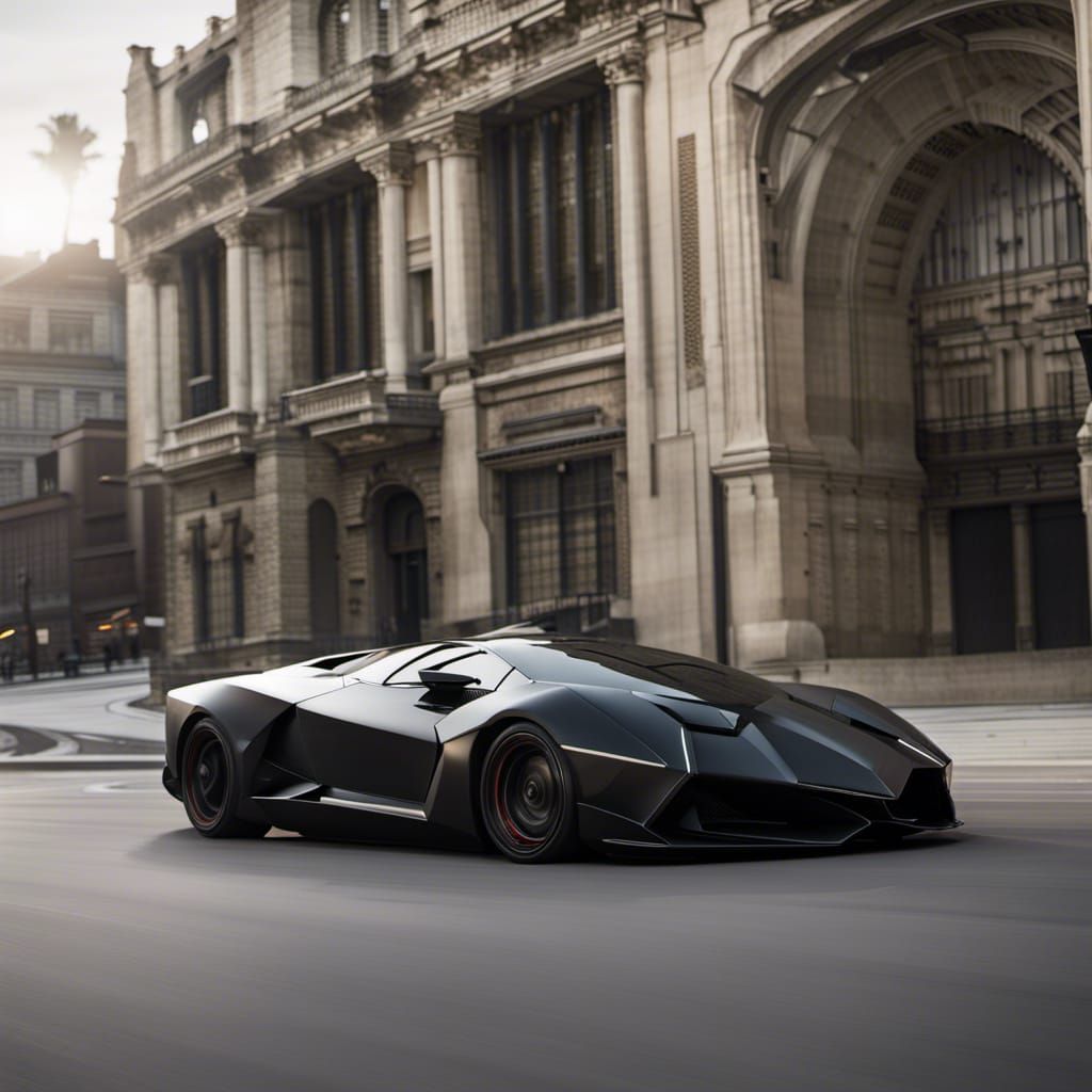 The exterior of Batman's Lamborghini-inspired Batmobile is covered in a ...