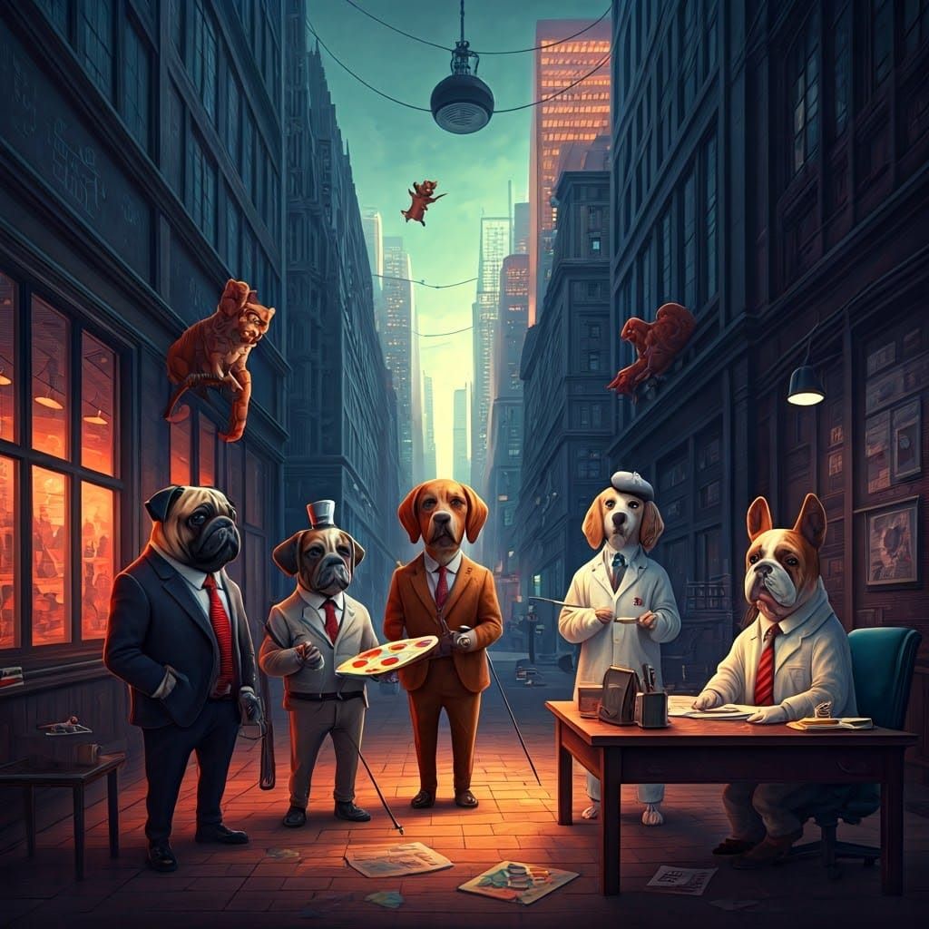 Dogs in Human Professions: A Vibrant Cityscape - AI Art