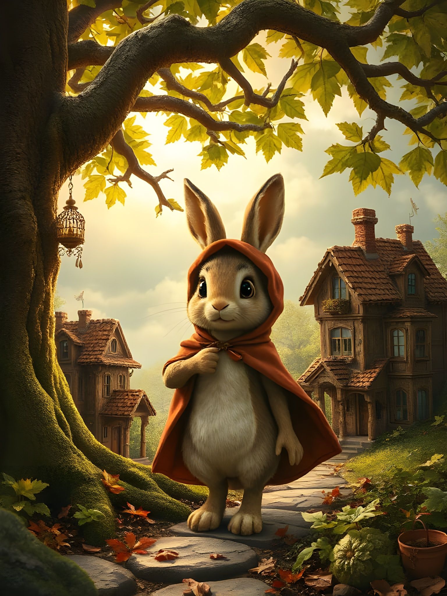 A scruffy bunny dressed as Little Red Riding Hood.
