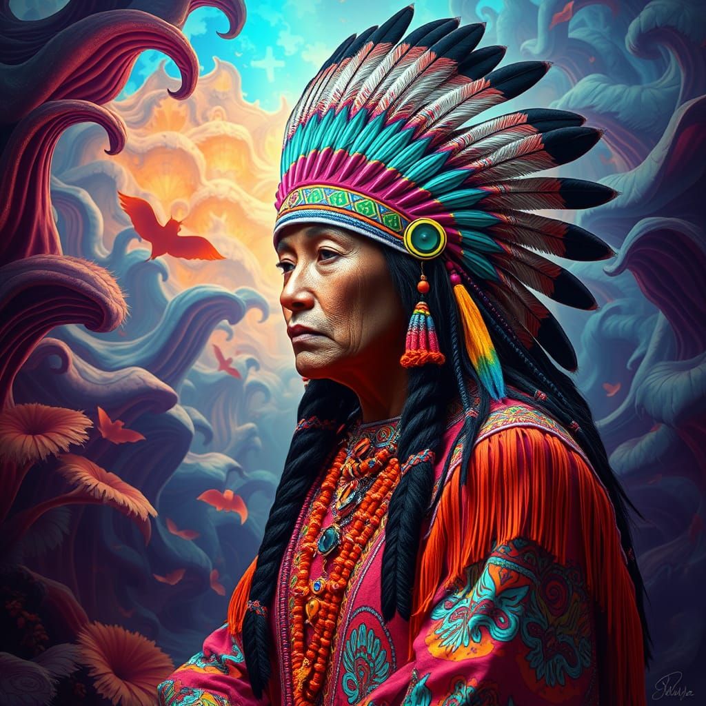 Surreal Cherokee Goddess in Neon Tribal Regalia - AI Art