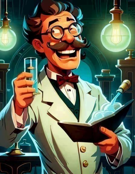 Mad scientist laughing wildly in a lab. Holding a scientific vial of boiling lightning. Art ...