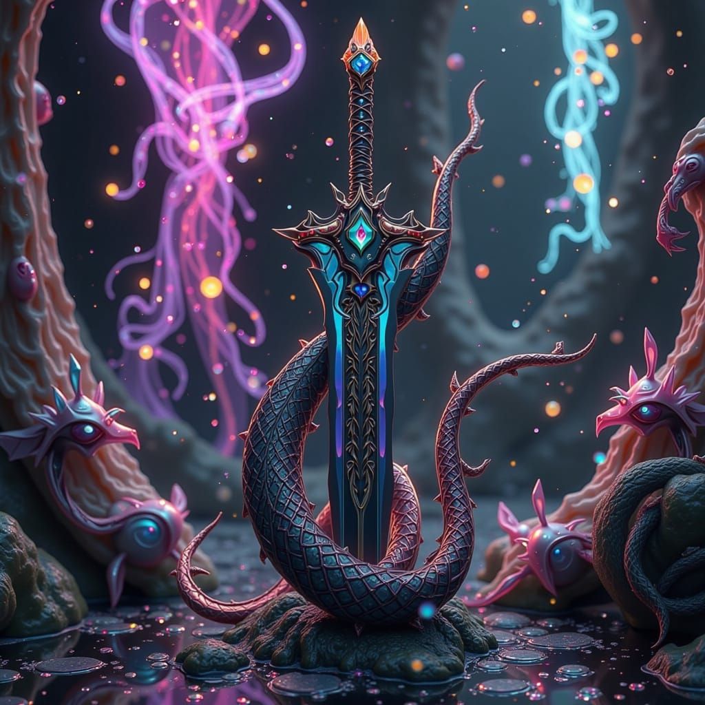 Cyberpunk-Style Dark Fantasy Sword with Iridescent... - AI Art