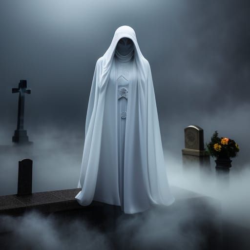 ghost-girl full form angle, no face, no hands, covered in white robe ...