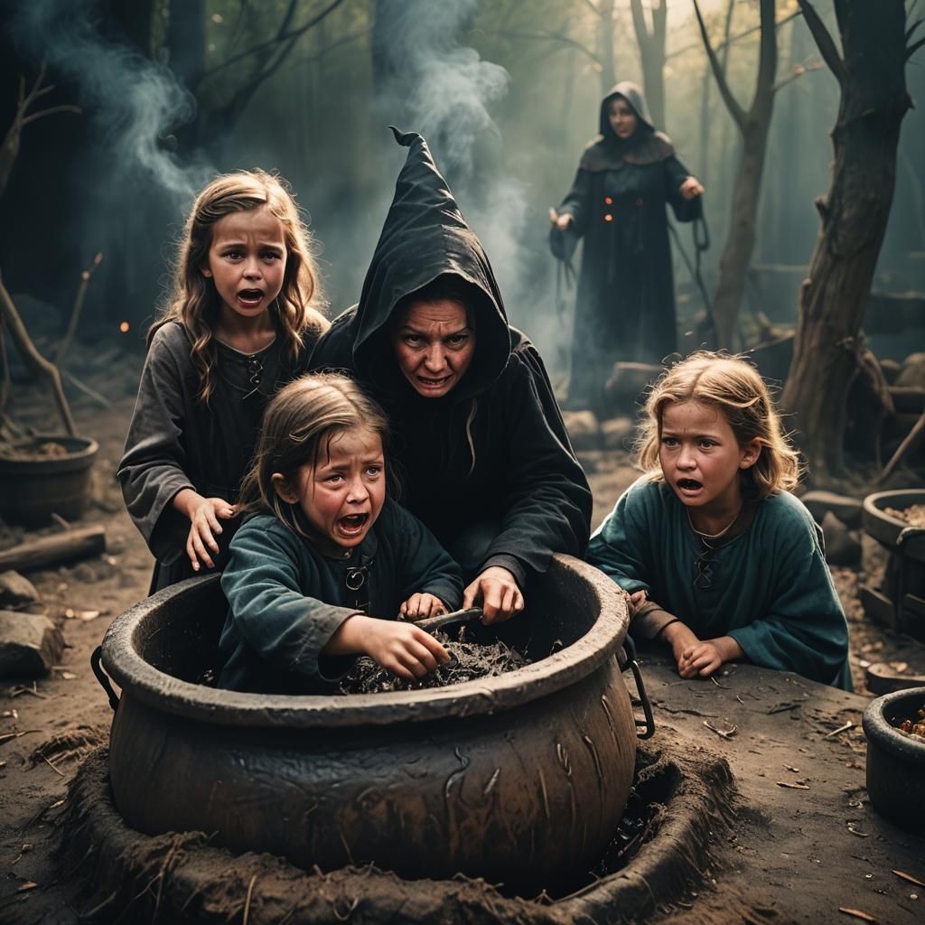 children crying inside a evil witch's cauldron - AI Generated Artwork ...