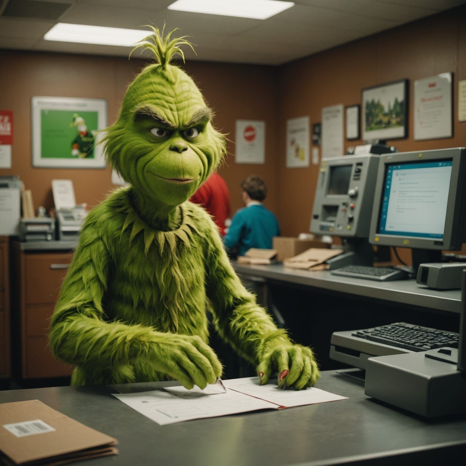 The Grinch Shines in Cinematic Postal Glory - AI Art