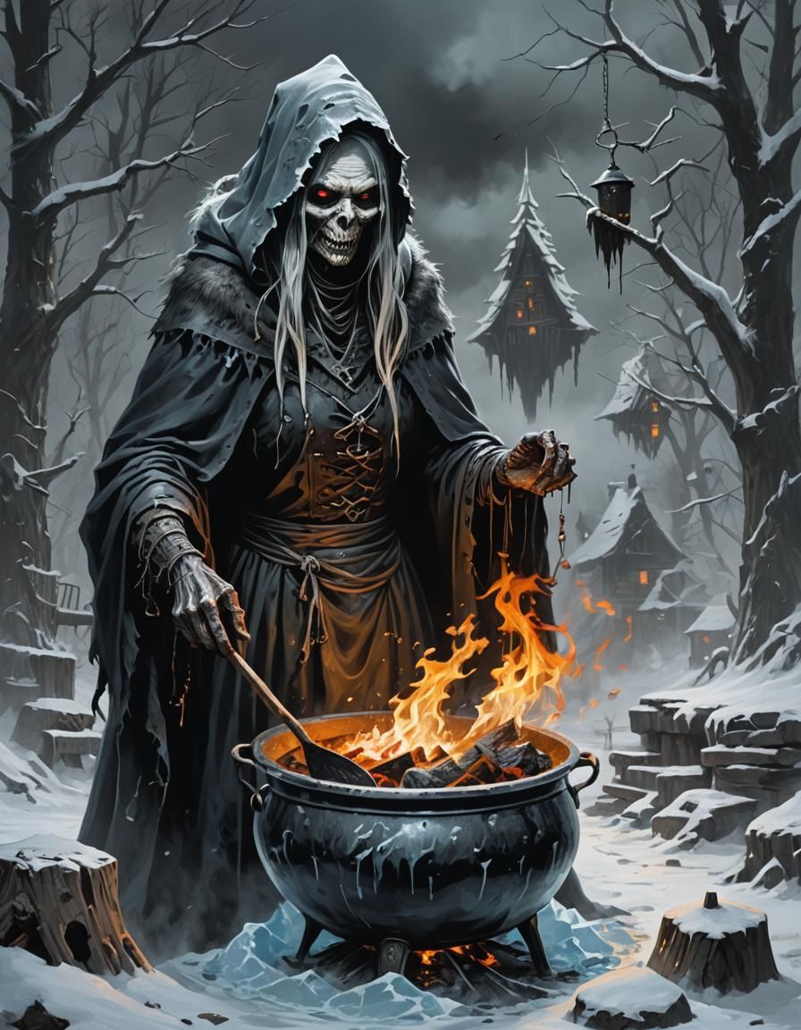 dark gothic winter ice hag witch cauldron cooking horror - AI Generated ...