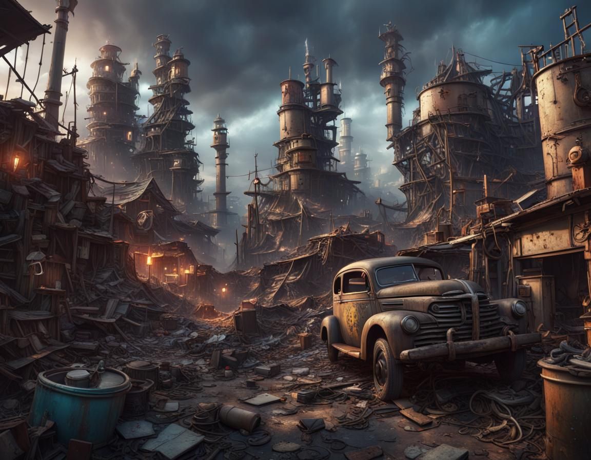 scrapyard city junk-town dark fantasy landscape factory magic pollution - AI Generated Artwork ...