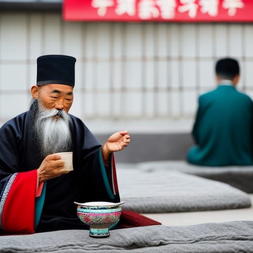 Old Chinese master with long beard and mustache drinking tea during tea ...