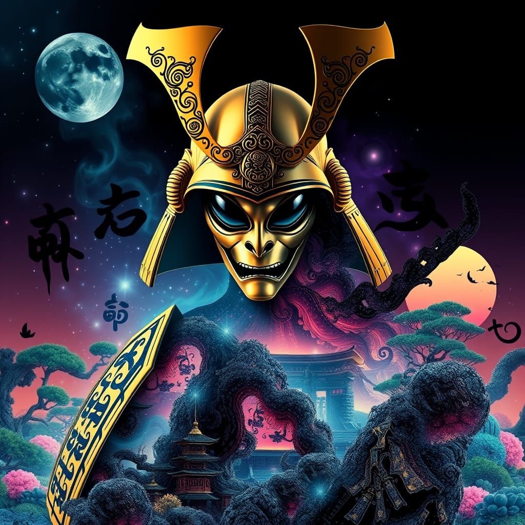 Alien Samurai - Ethereal Samurai in Golden Armor, Surrounded...