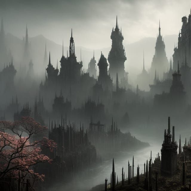 A fantastical landscape painting of a city, with a creepy and eerie ...