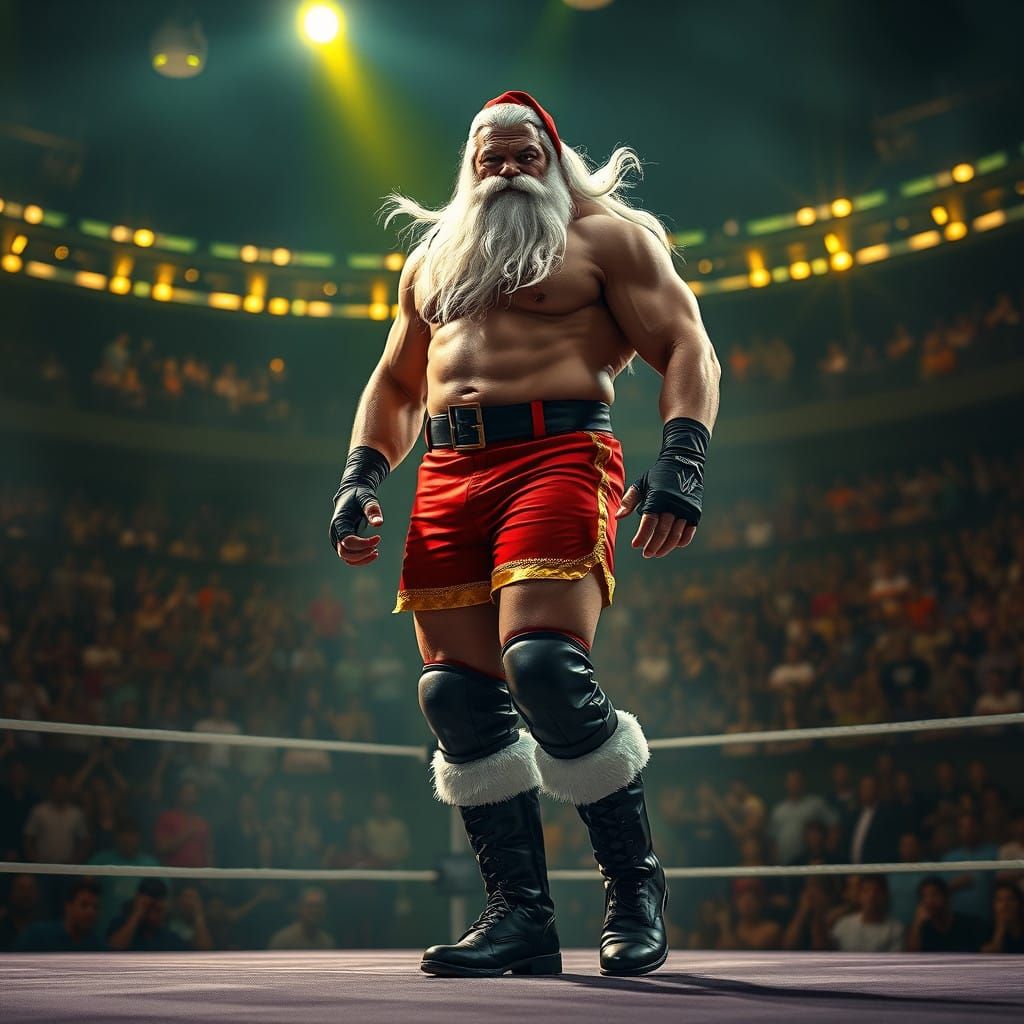 A striking 3/4 shot of "Santa Claws," a hyperrealistic and ultra-buff WWE wrestler with an ...