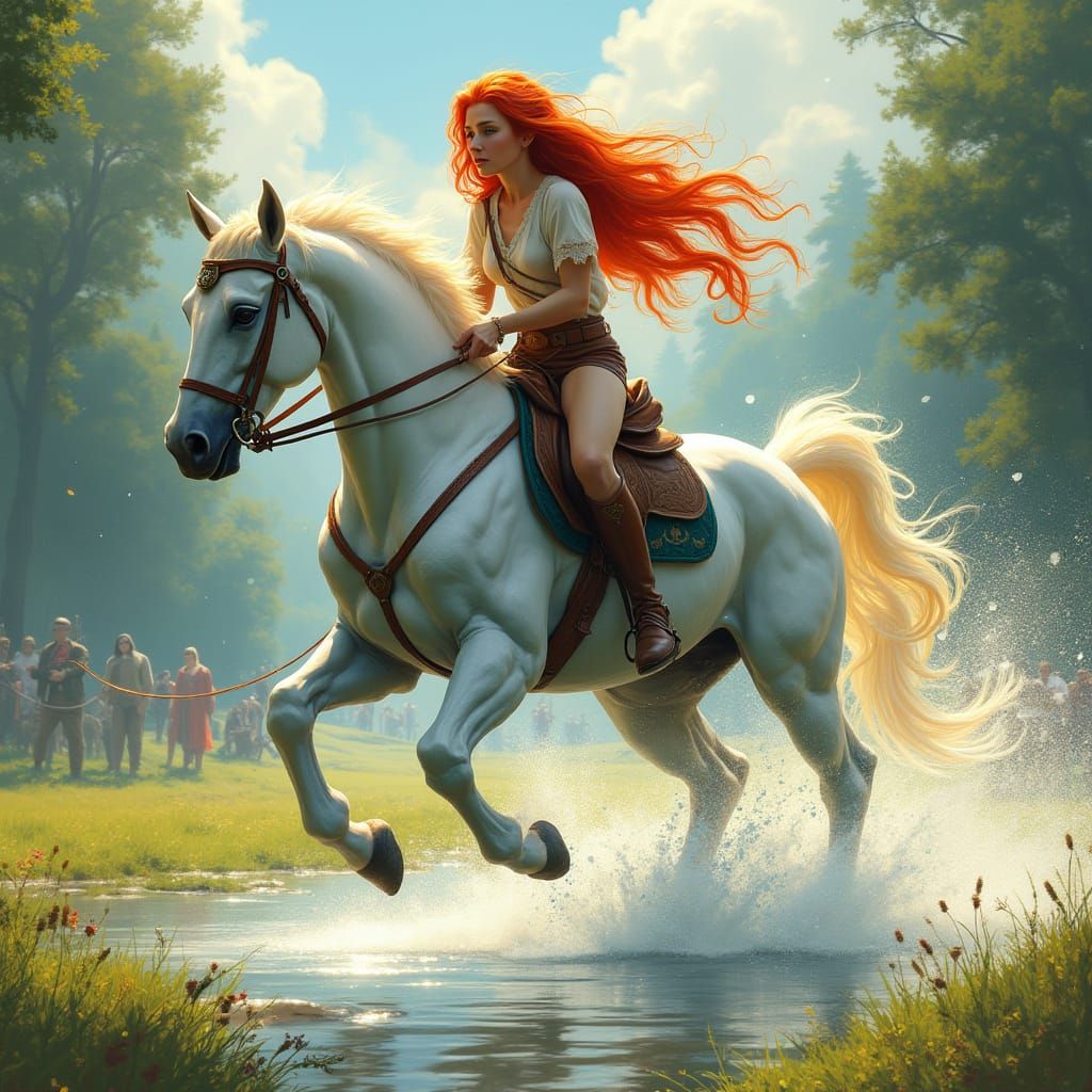 Celtic Goddess Brigid Riding Kelpie in Modern Jump... - AI Art