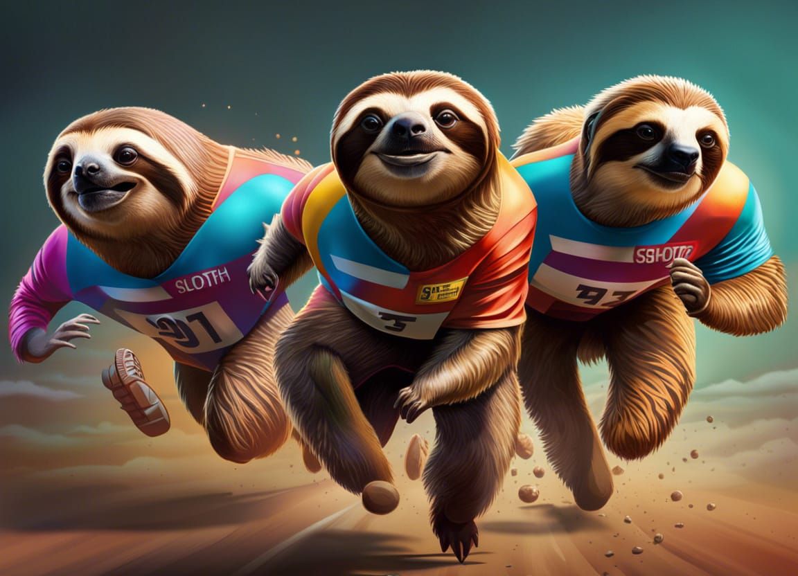 100 meter sloths sprint, animal olympic games, run after shot, view of several sloths in jerseys ...