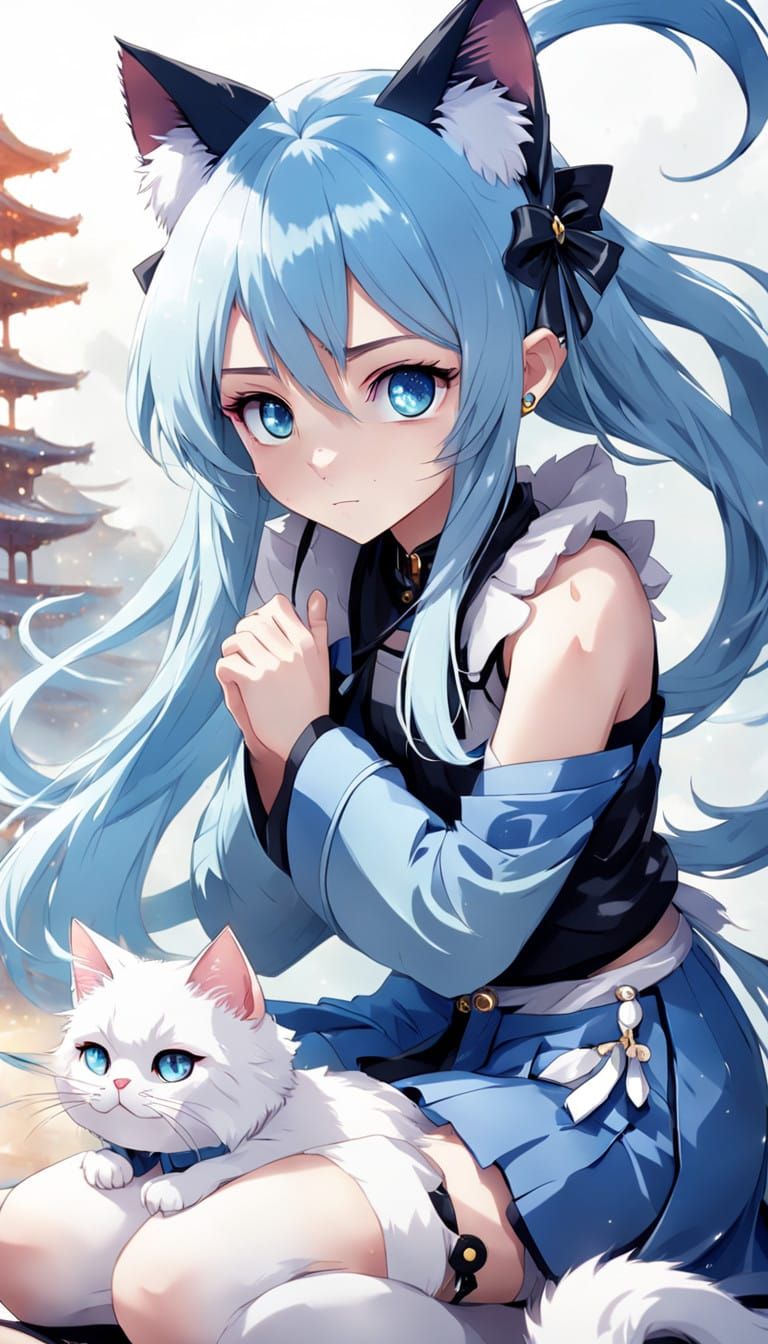 Serene Anime Girl in Elegant Anime Art with Feline... - AI Art