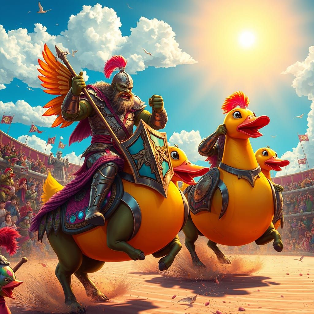 Vibrant Orcs Joust on Rainbow Duck Mounts in a Sun... - AI Art