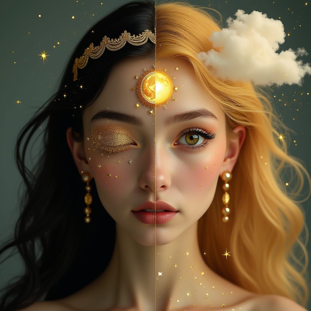 A woman's face, one eye is closed, the other is open