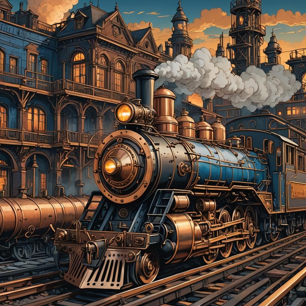 Steampunk Locomotive Chugs Along Ornate Tracks - AI Art