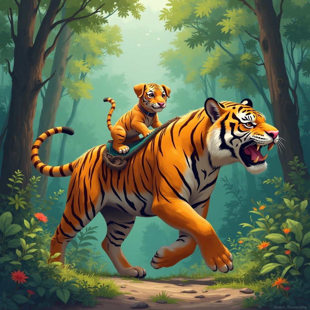 A puppy riding a tiger - Puppy Rides Tiger in Vibrant Jungl...