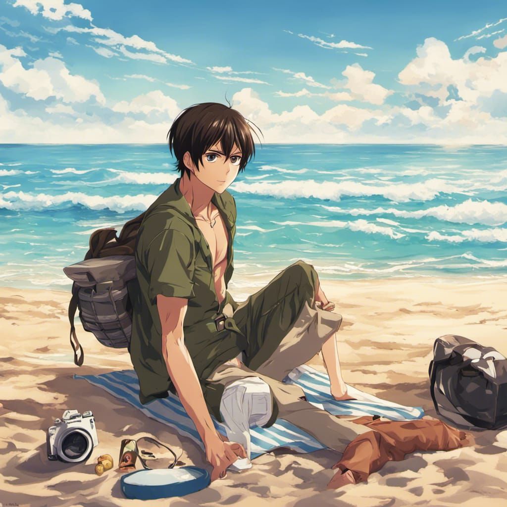 eren yeager on the beach, beach clothes - AI Generated Artwork ...