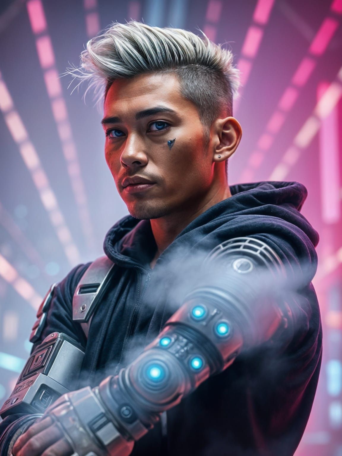 Awan Cyborg AI - Cyborg Malay Warrior in Neon Futurism