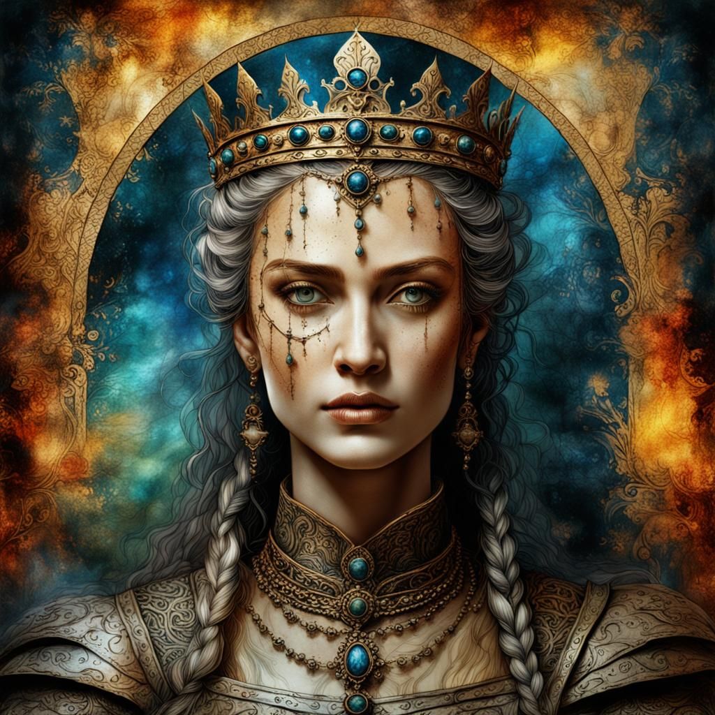 Medieval Fantasy Queen Portrait in Vintage Mixed M... - AI Art