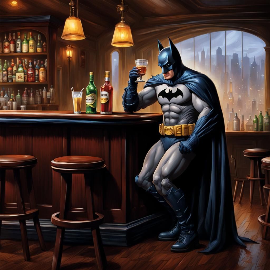 Batman drinking at a bar, digital painting, digital illustration ...