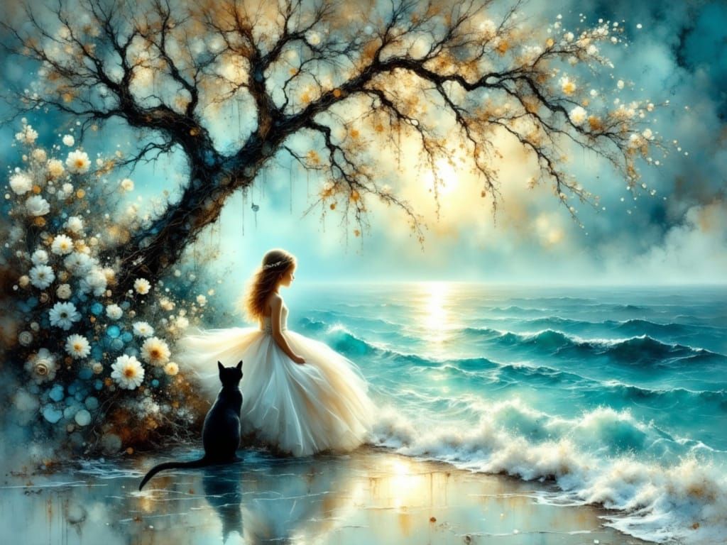 My little sister in white dress with a black cat on the beach.