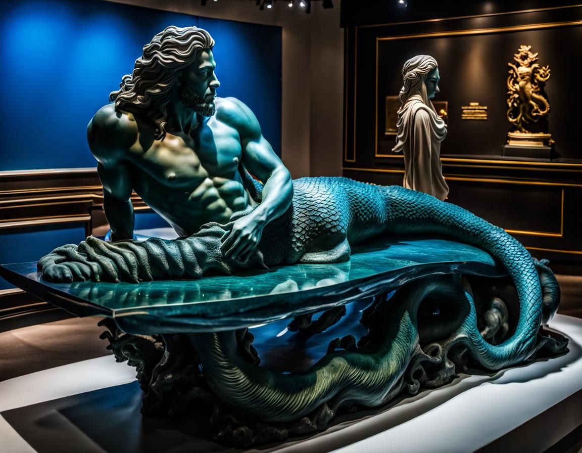 a statue of a man laying on a table, ocean giant creature bloop, incredible masterpiece ...
