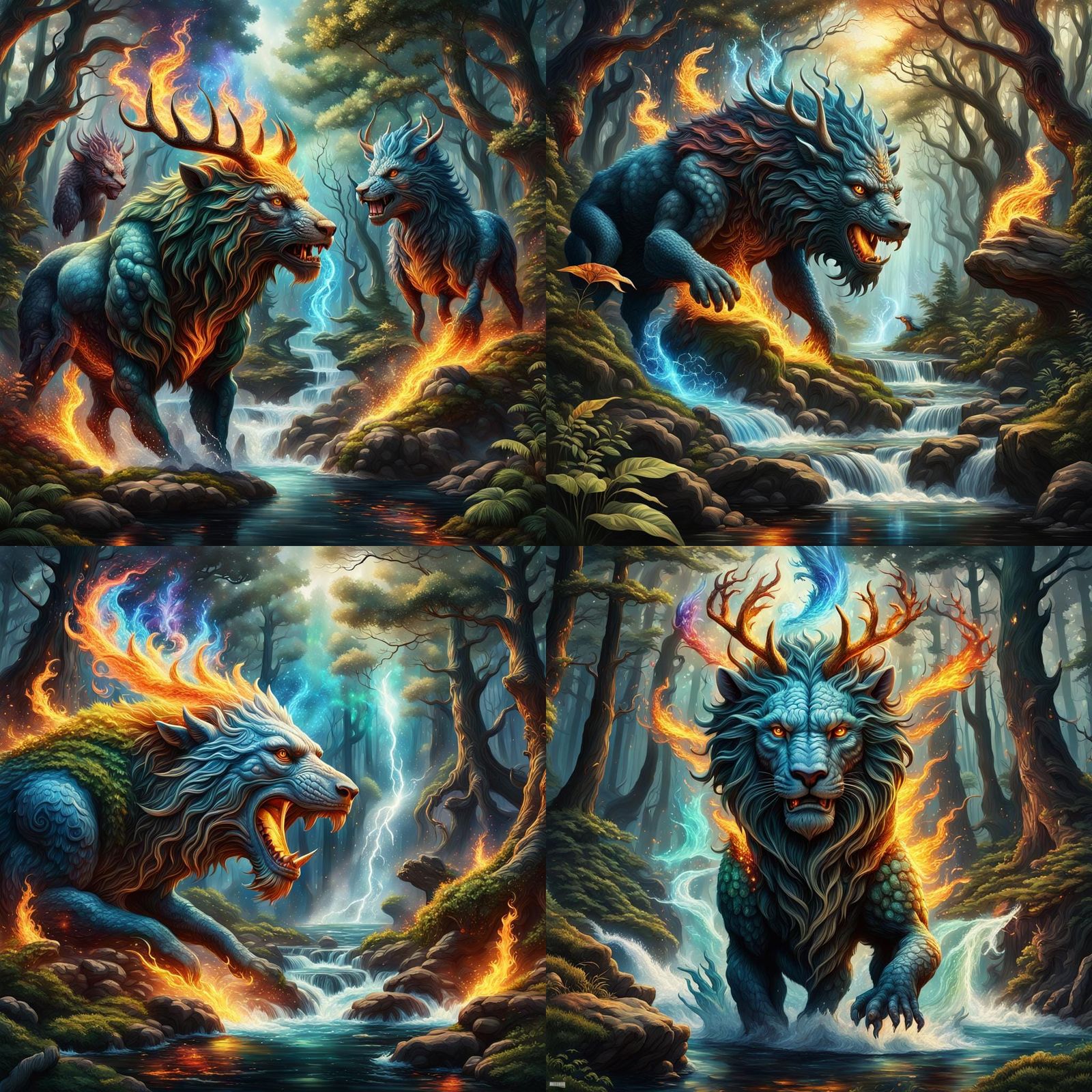 A enchanted forest with wind water fire earth elements turning in to ...