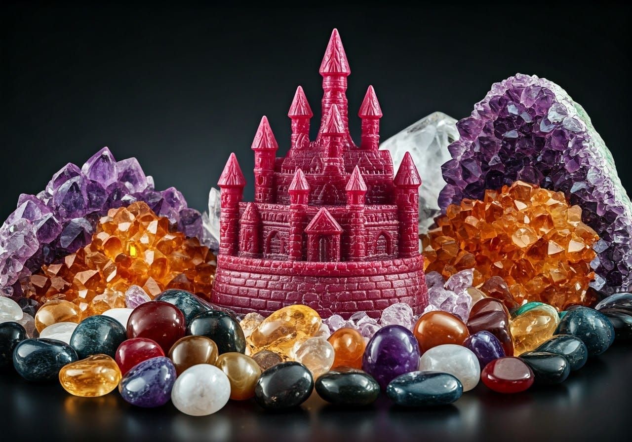 Precious stone display. - Hyper-Realistic Ruby Castle Erupts...