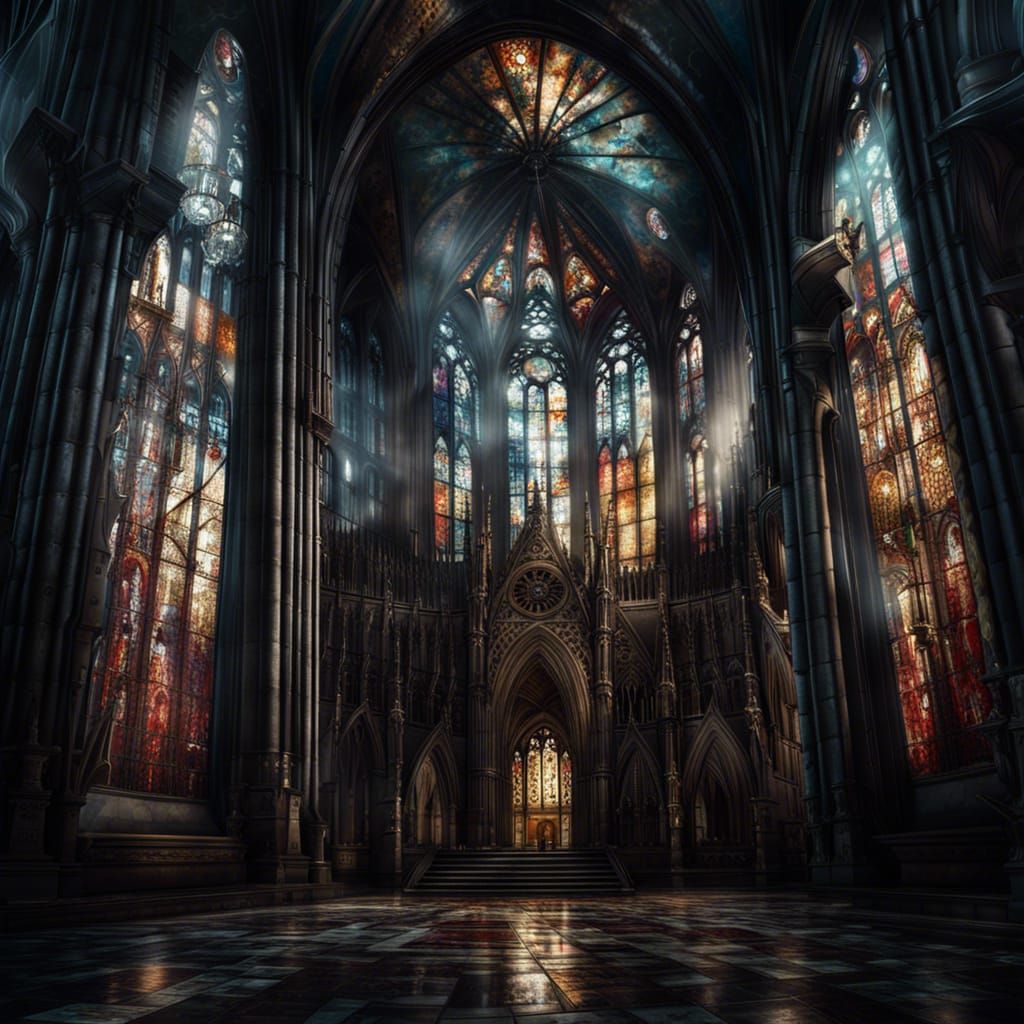 Hyperreal details of a creepy old German grand Cathedral with soaring ...