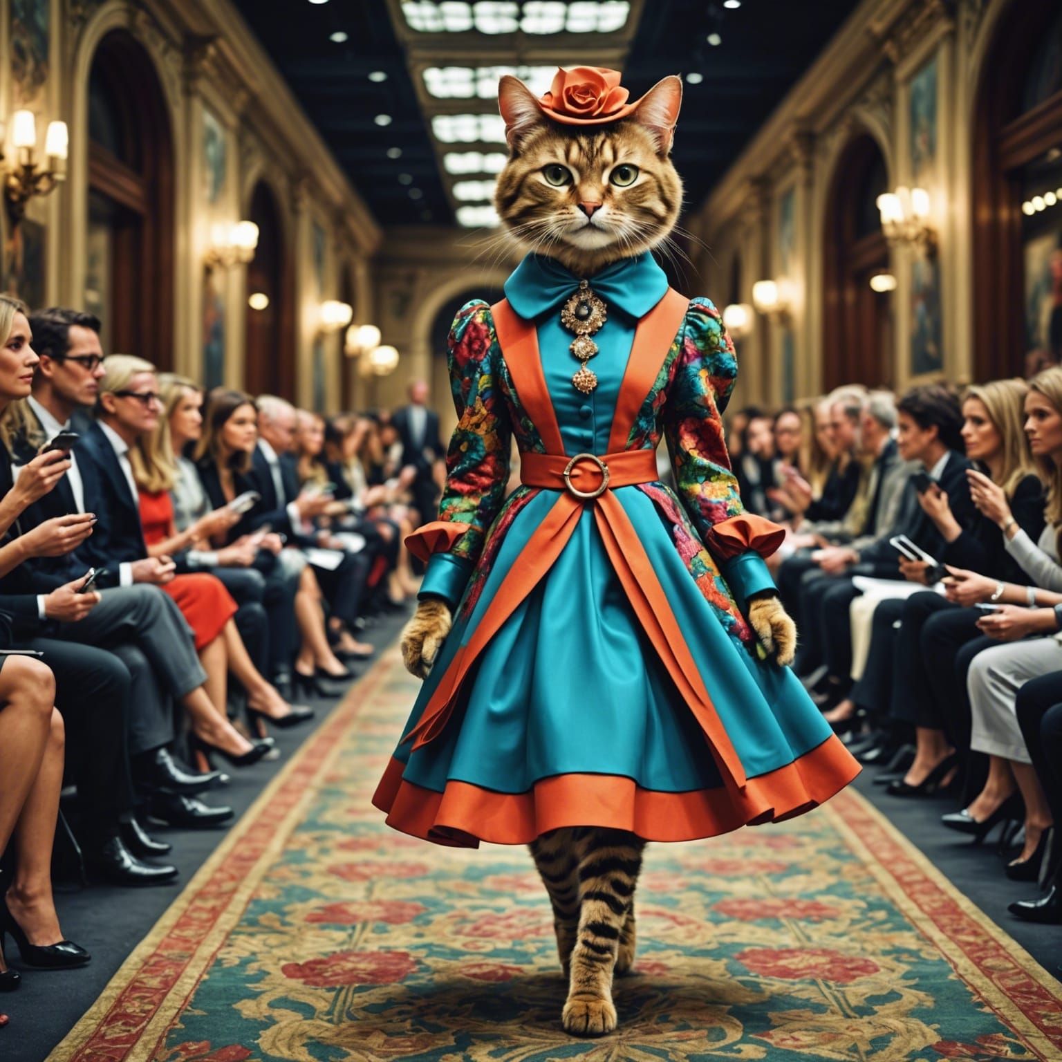 Catwalk The elegantly dressed anthropomorphic lady cat walking down the ...