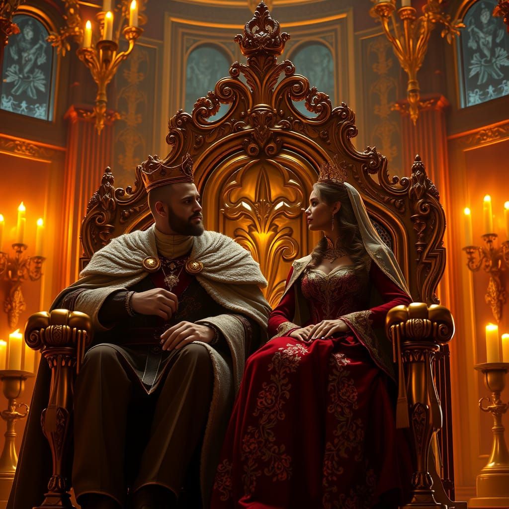 A king and queen sit on a golden throne in a grand palace. The golden ...