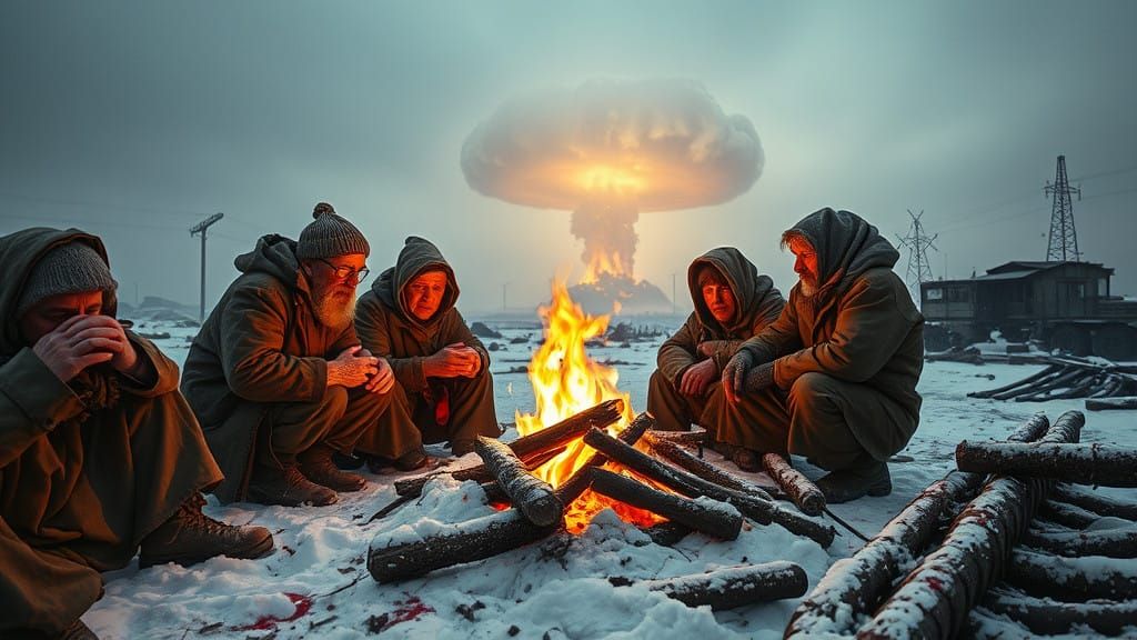 Old people warming their hands close to a primitive bonfire in ...