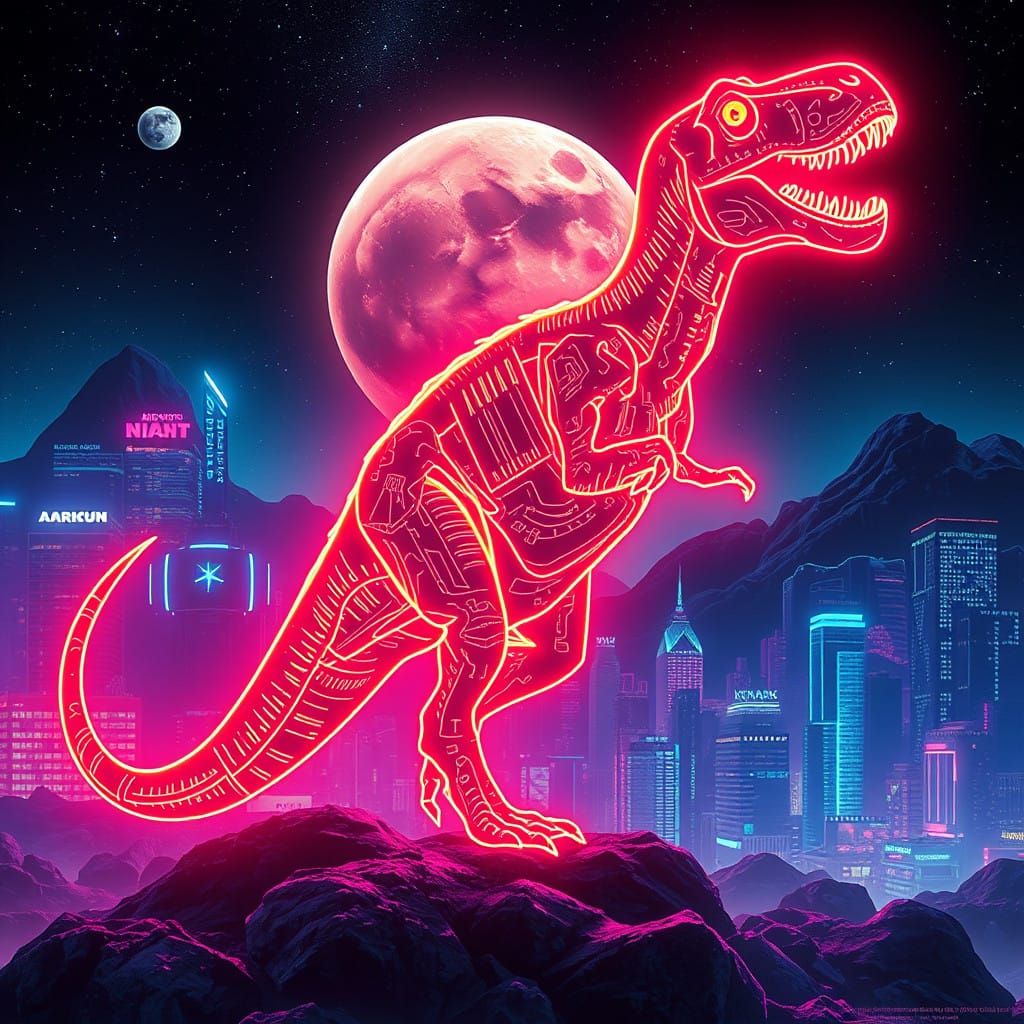 Neon dinosaur - Vibrant Neon Dinosaur in Futuristic Cityscap...