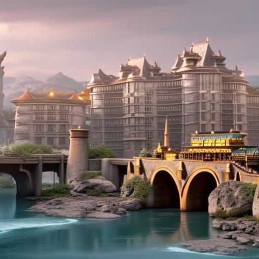 A fantasy luxury restaurant is builded on the huge stone bridge that is ...