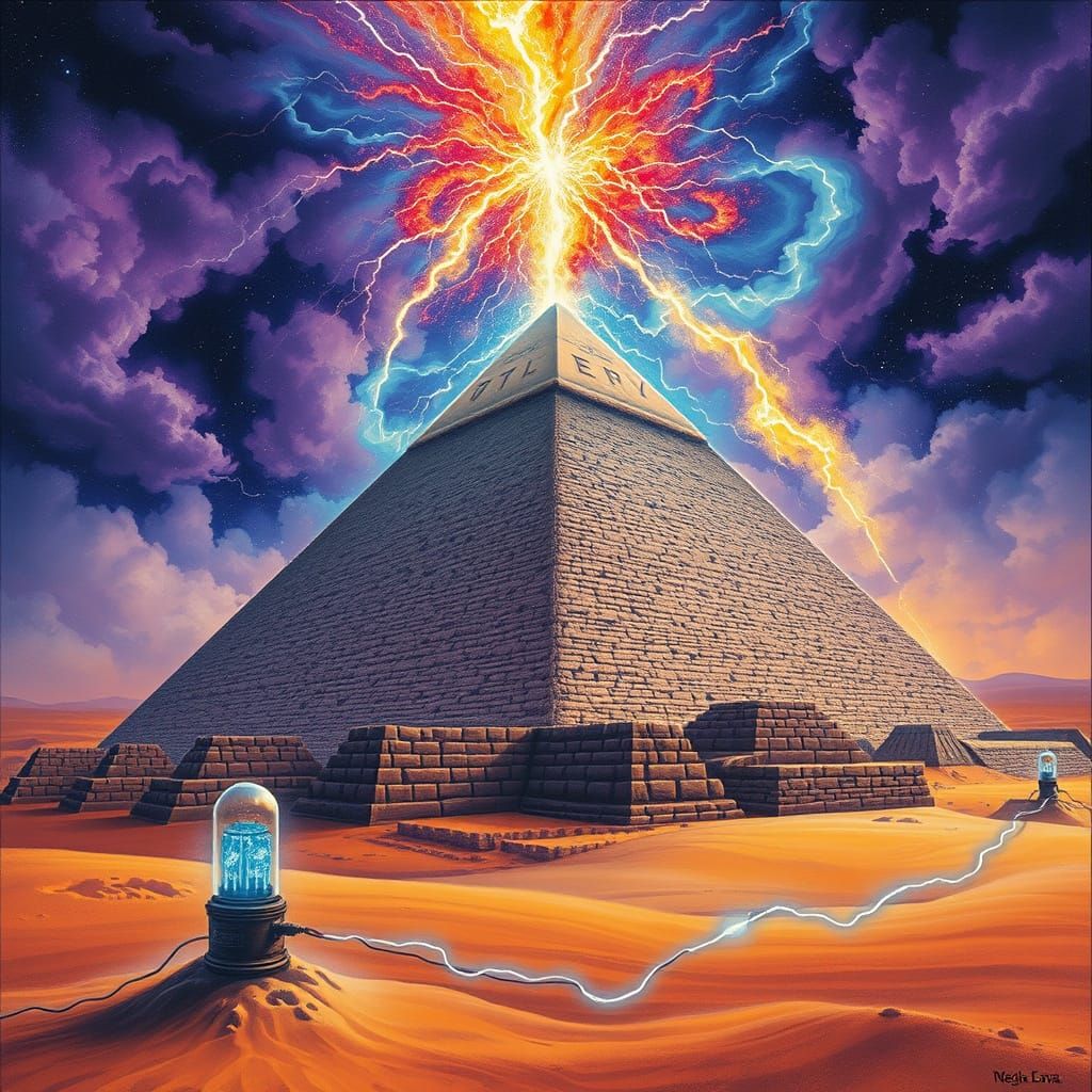 Electric Pyramids in Cosmic Aura - AI Art