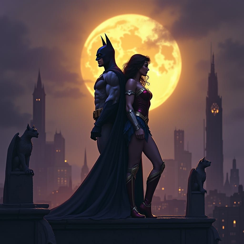 Heroic Depiction of Batman and Wonder Woman on a Gotham Rooftop.